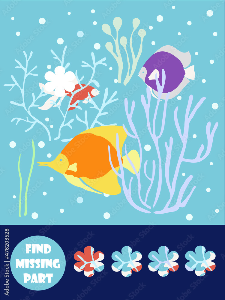 Cute cartoon fish. Complete puzzle, find missing parts of the picture ...