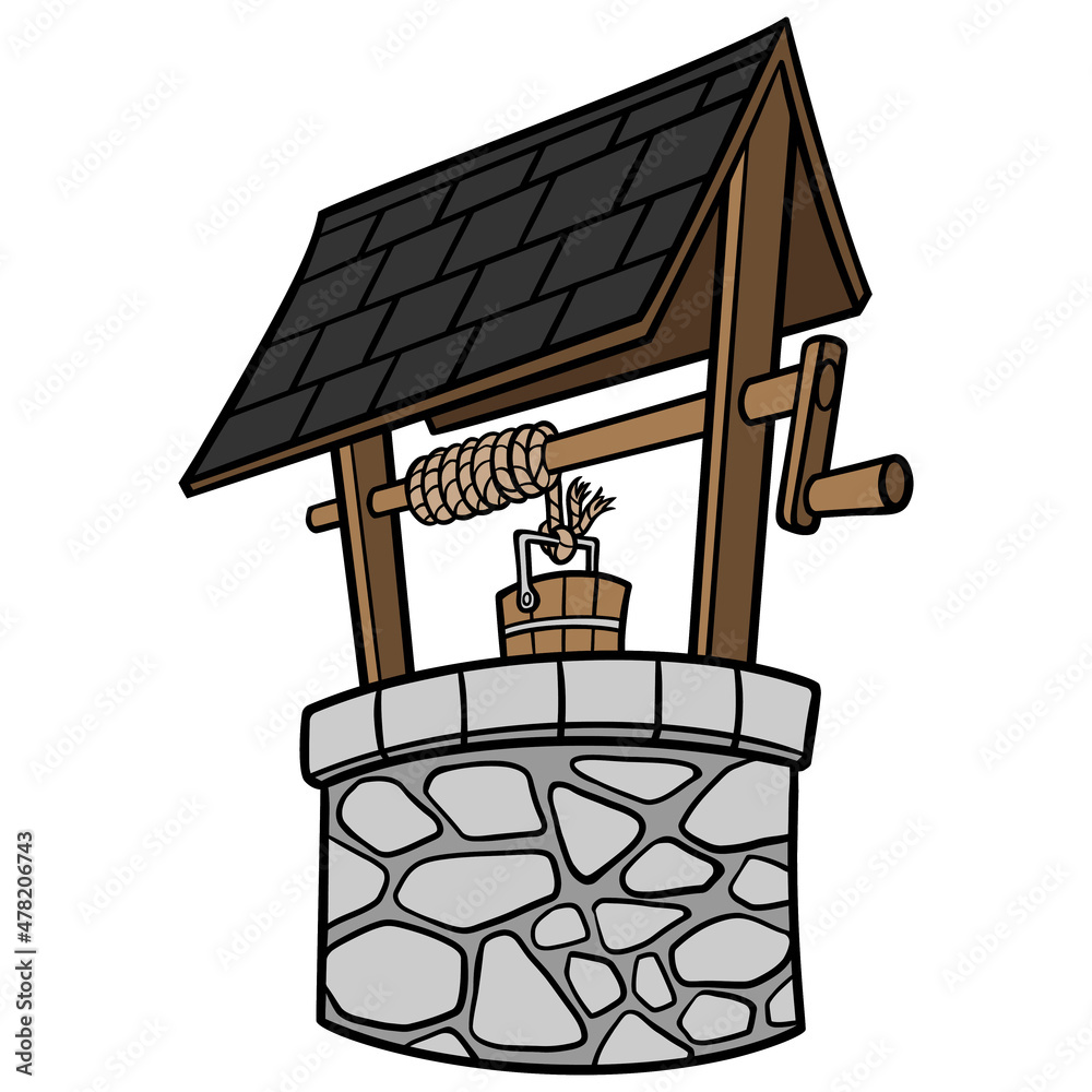 Water Well - A cartoon illustration of an old water well with a rope ...