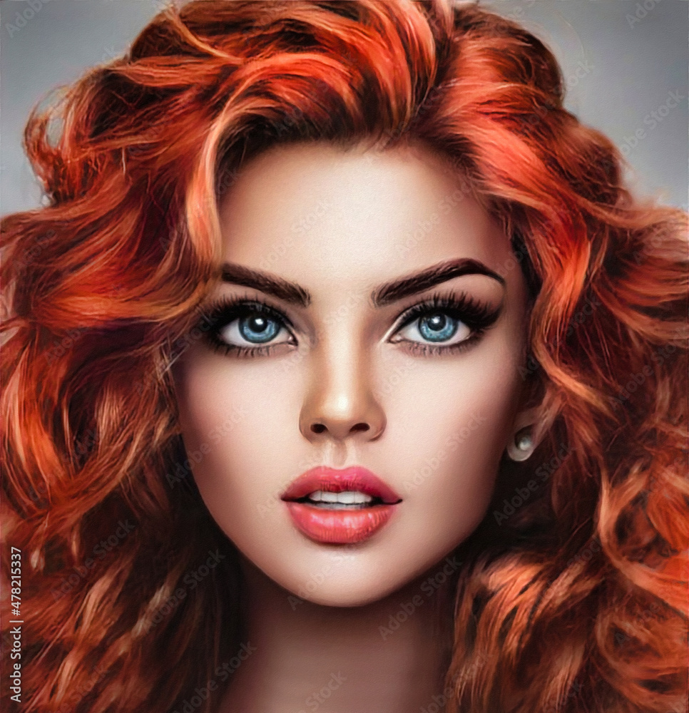 Charming woman with a shock of fiery red curly hair. Stock 写真 | Adobe Stock