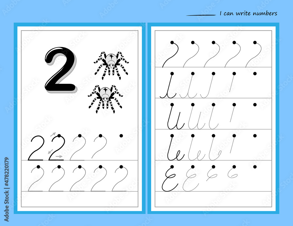 Learn to count and trace number two. Set of educational pages in line ...