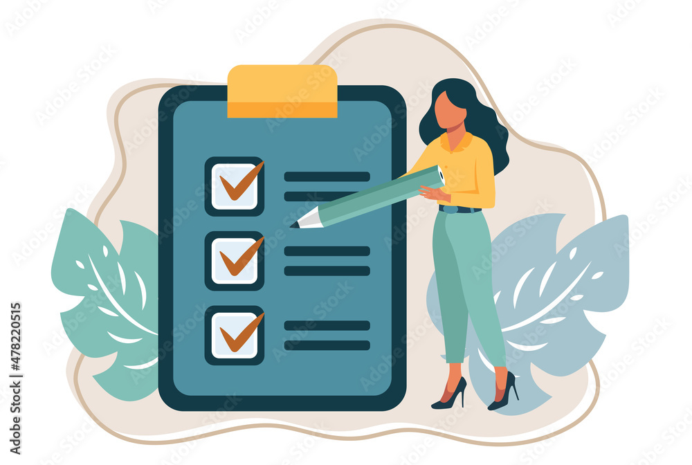 Businesswoman checking completed tasks on clipboard flat vector ...