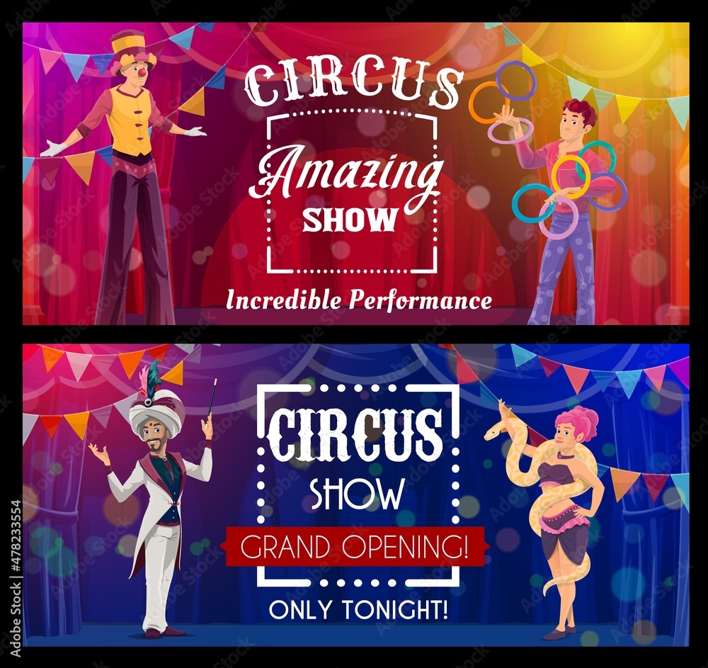 Shapito circus cartoon juggler, magician and stilt walker. Big top tent ...
