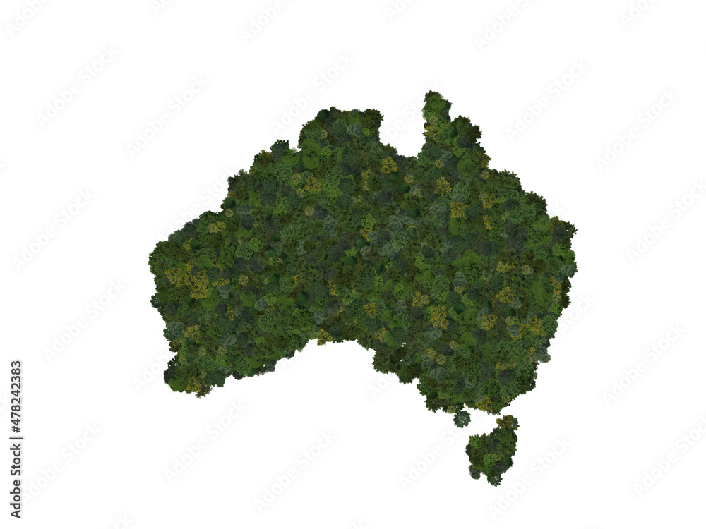 Top view of a forest of trees forming the map of Australia. Top view ...
