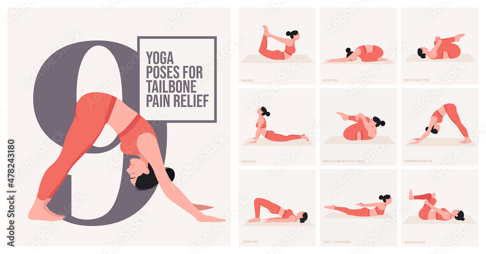 Yoga poses For Tailbone pain relief. Young woman practicing Yoga poses ...