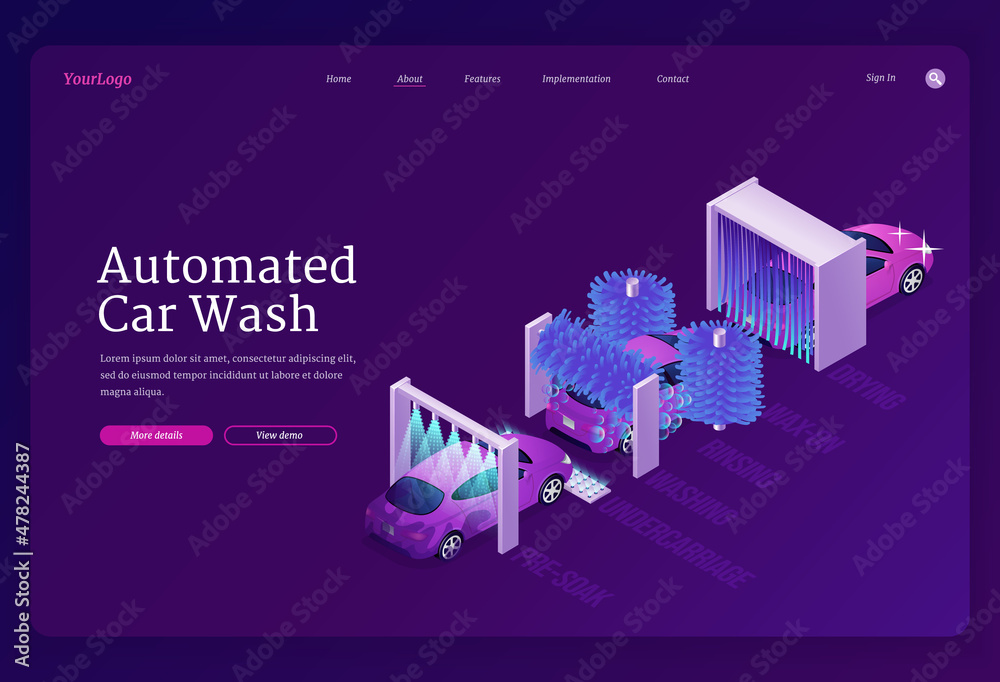 Automated car wash website. Vector landing page of carwash with ...