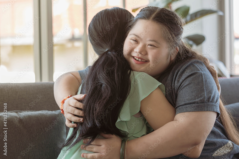 Foto De Close Up Shot Of Asian Happy Lovely Young Chubby Down Syndrome
