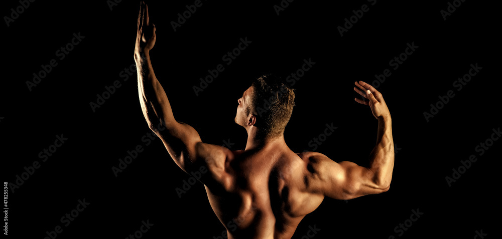 Bodybuilder man with muscular torso back and hands. Banner templates ...