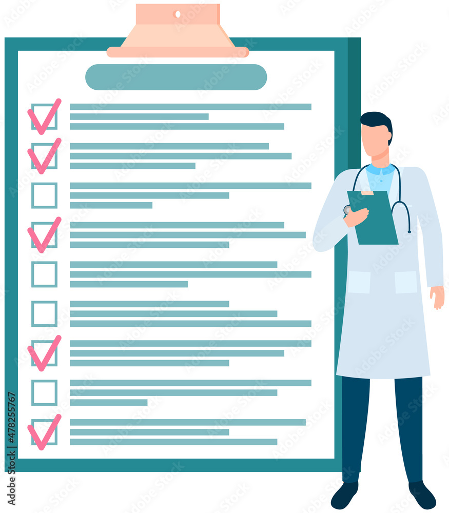 Doctor standing near big checklist with check marks, to do list. Time ...
