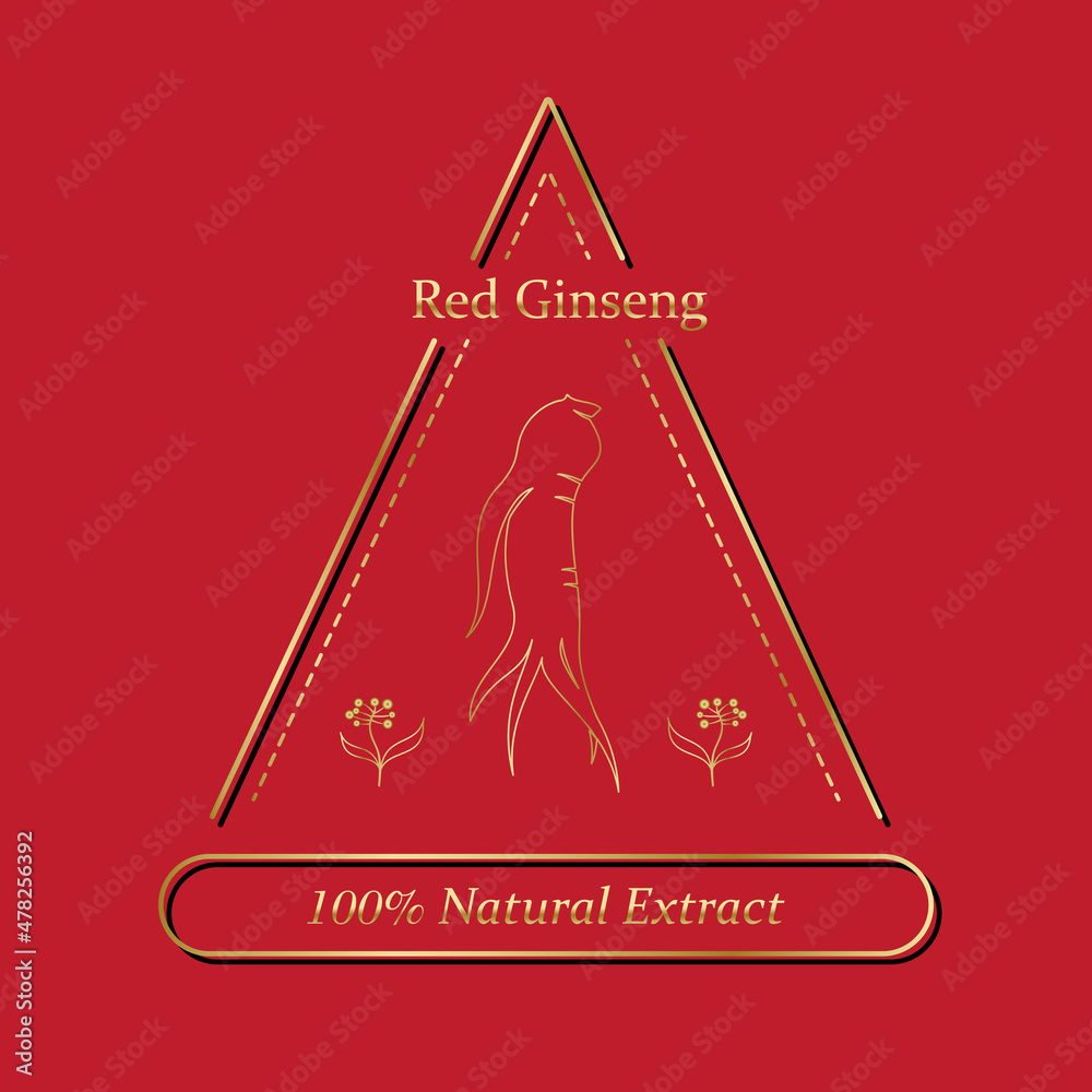 Korean or Chinese red ginseng root, Text label in Korean cultivated ...