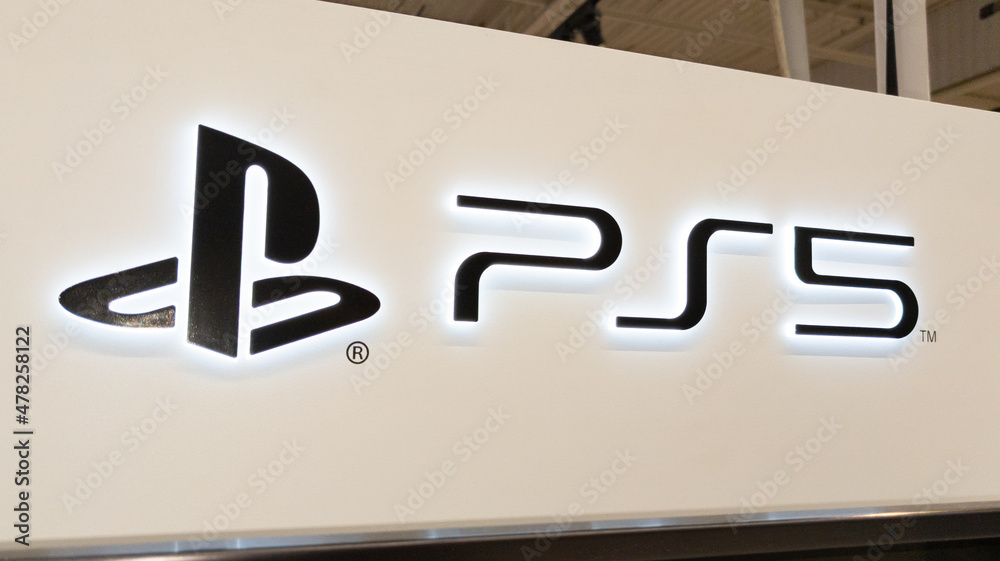 Sony PlayStation 5 home video game console text logo and brand sign ...