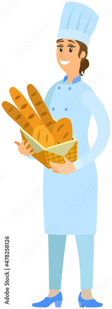 Professional bread maker holding fresh baguettes and loaves. Happy ...