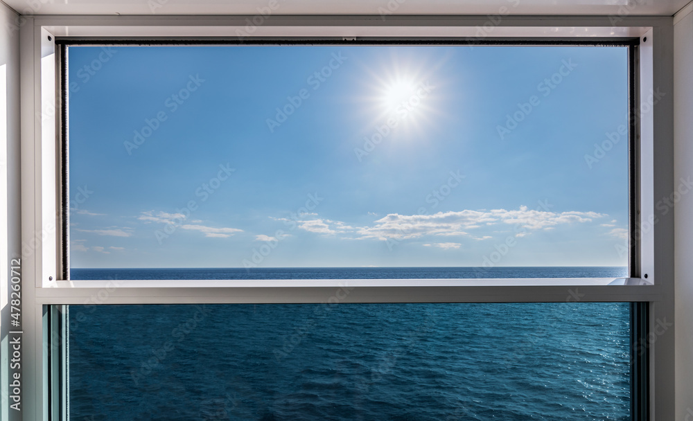 French balcony of cruise ship with sea view. Open veranda window with ...