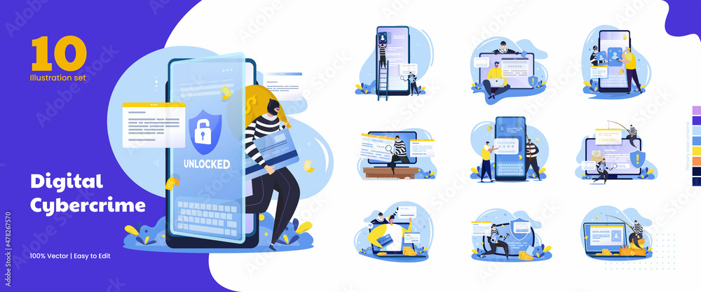Digital theft cybercrime concept illustration set Stock Vector | Adobe ...