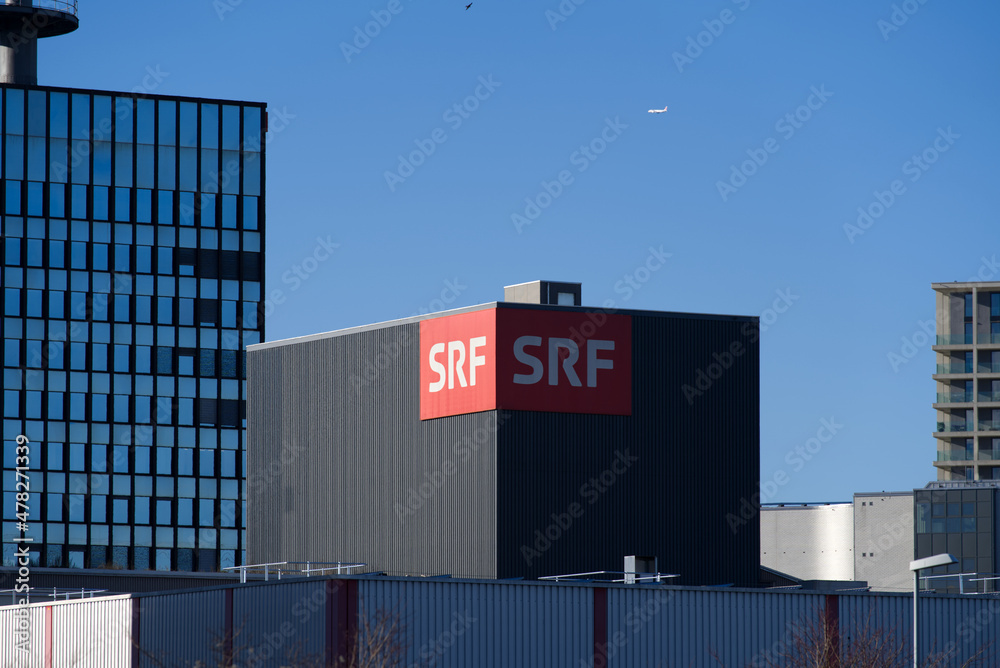 Headquarter and logo of Swiss national television SRF at Zurich ...