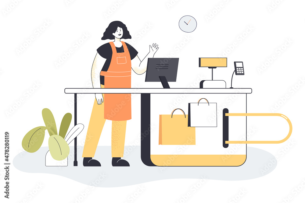 Woman cashier at checkout in shop or supermarket on white background ...