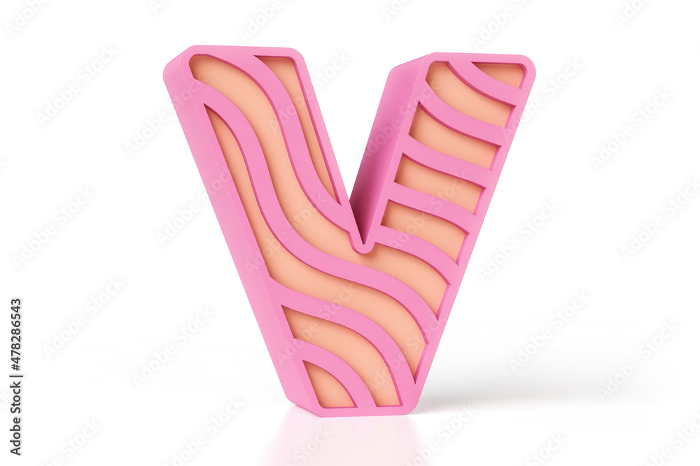 3D Letter V designed with a wavy shape. 3D typeface pink and calming ...