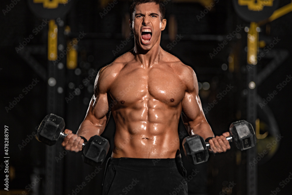 Bodybuilding concept. Brutal strong muscular bodybuilder athletic man ...