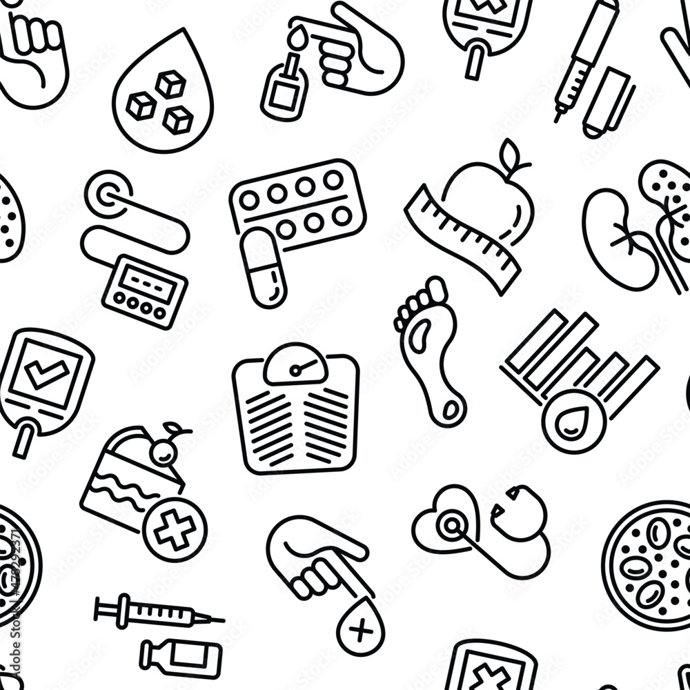 Diabetes seamless pattern with thin line icons: blood test, glucometer ...