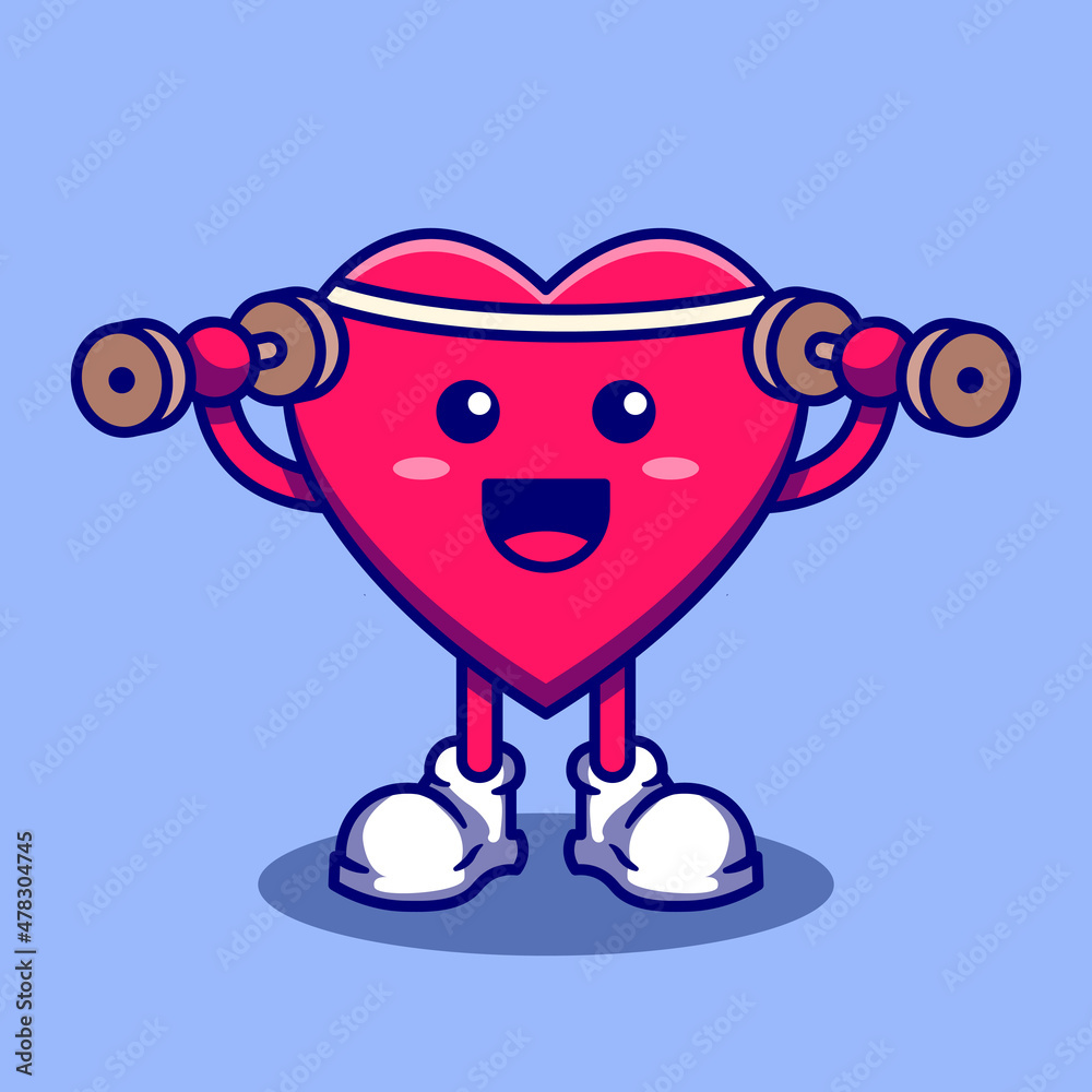 Cute heart character mascot is exercising lifting weights. Heart vector ...