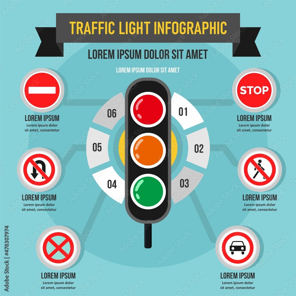 Infographic traffic light with road sign in Cartoon with symbol in ...