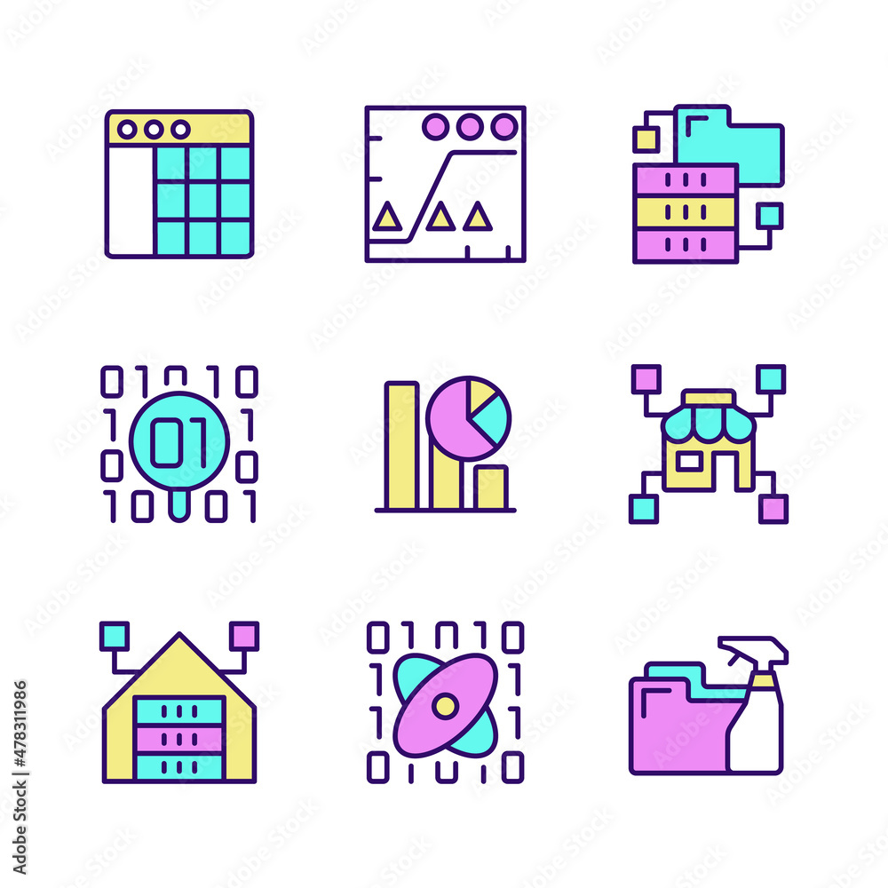 Data mining in industry RGB color pixel perfect icons set. Knowledge discovering in data ...
