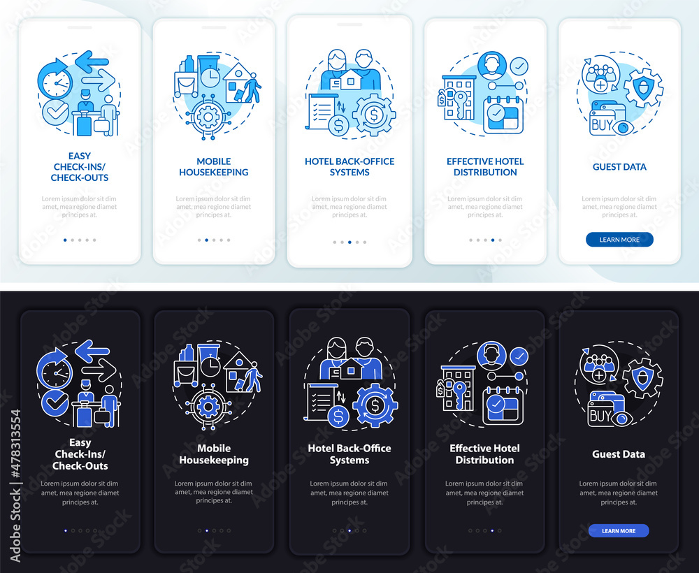 Hotels PMS night and day mode onboarding mobile app screen. Tech ...