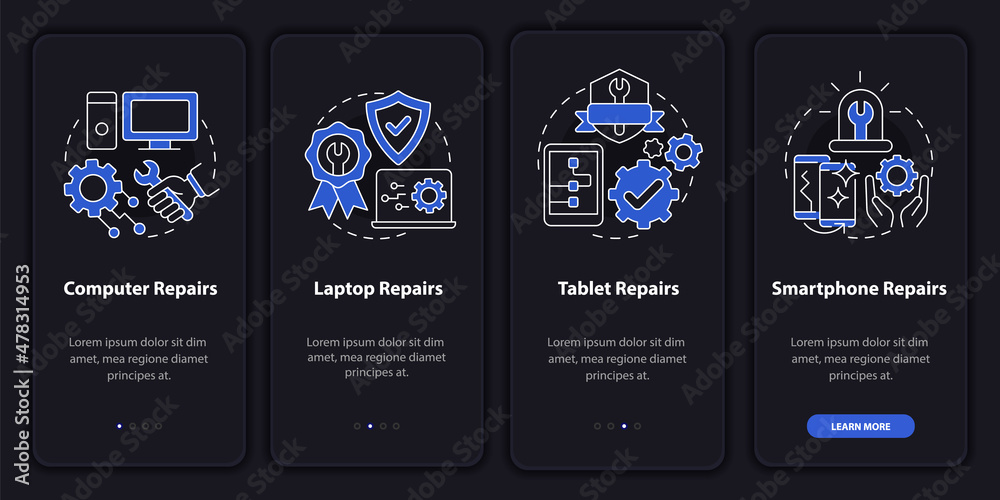 Types of services night mode onboarding mobile app screen. Walkthrough ...