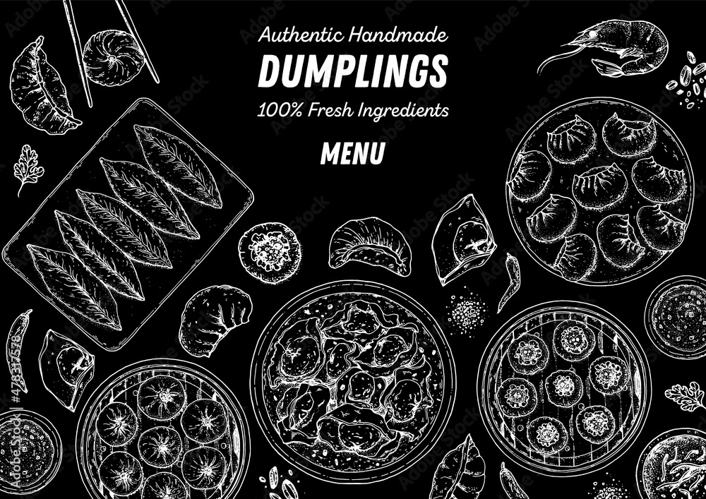 Dumplings top view frame. Food menu design template. Hand drawn vector ...