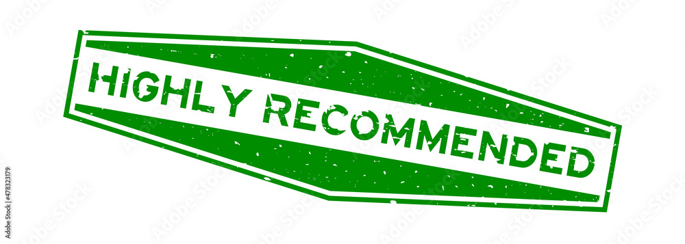 Grunge green highly recommended word hexagon rubber seal stamp on white ...