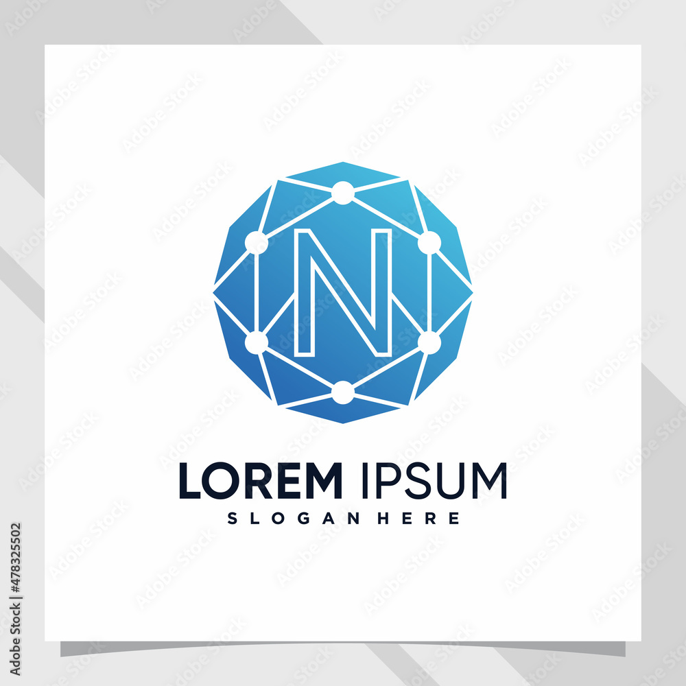Creative technology logo design initial letter n with line art and dot ...