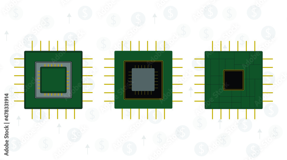 Vector showing semiconductor shortage, three green and gold chips with ...