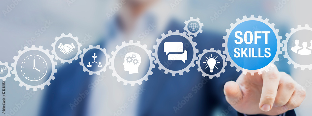 Soft skills HR concept with teamwork, communication, leadership ...