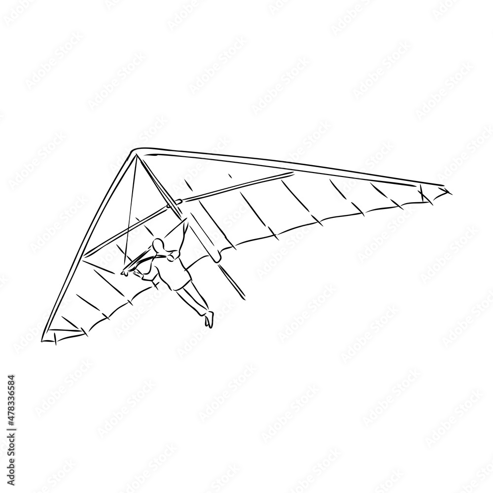 Hang glider, extreme, sky, sport, fly concept. Hand drawn man flying ...