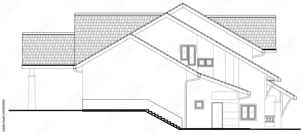 Single storey terrace house elevation in 2D black and white CAD drawing ...