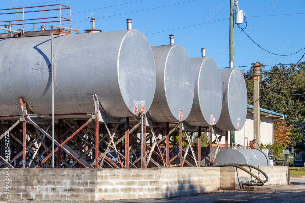 Big tanks at a fuel storage depot and filling station. Class 3 hazmat ...