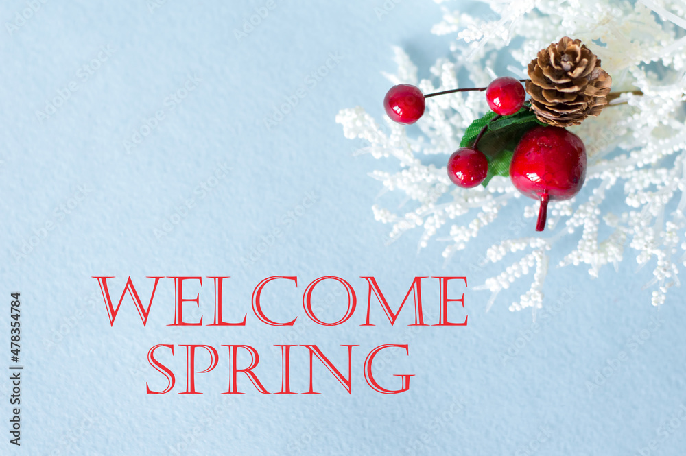 Welcome Spring text on a blue background next to the decoration Stock ...