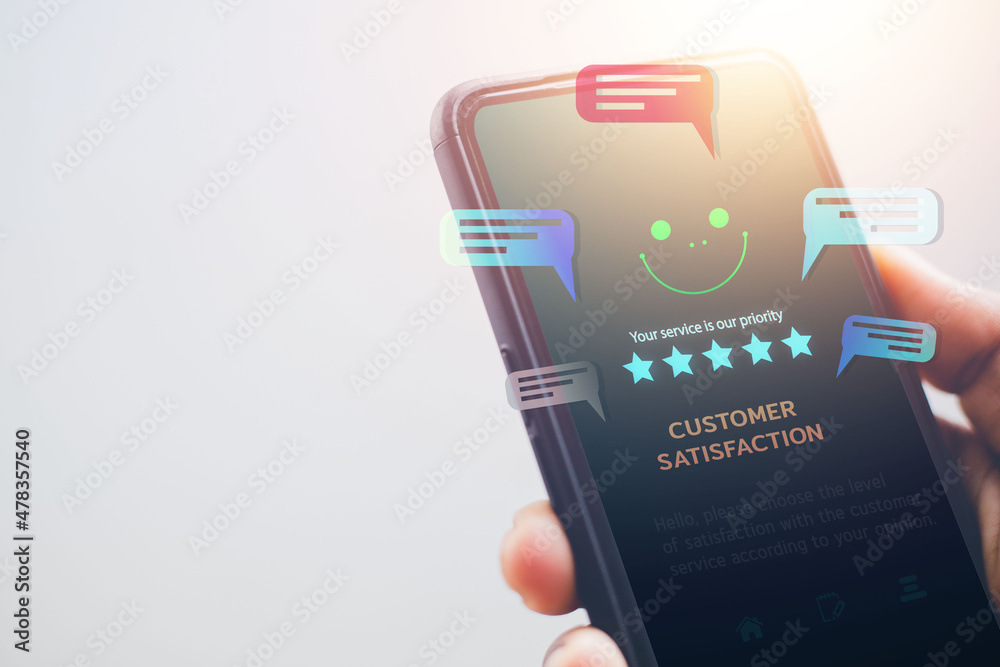 customer experience concept business man scoring smiley emoticon ...