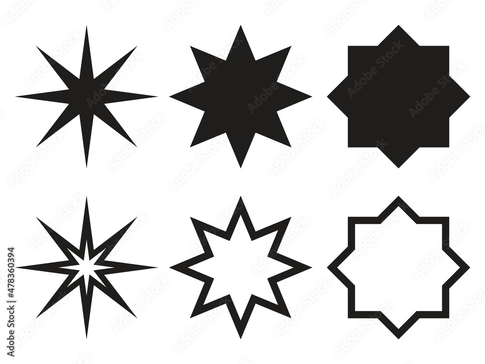Star shapes collection. Silhouetes and outline eight pointed stars ...