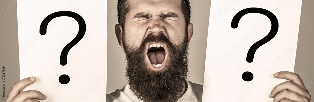 Question mark, symbol. Man screaming, emotion. Man question. Male with ...