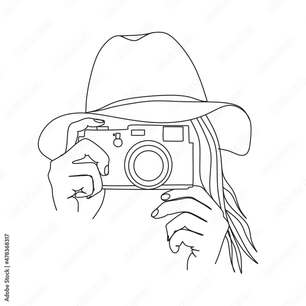Girl with a camera vector line drawing. Fine One Line Vector Art ...