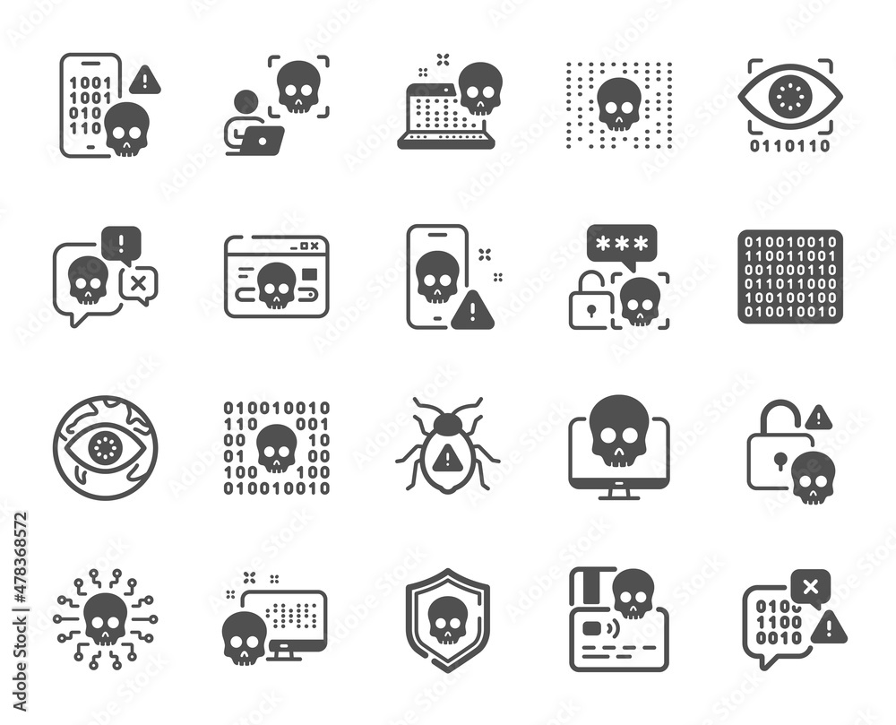 Cyber attack icons. Phishing risk, Data ransomware, Binary code. Hacker attack, Virus secure ...