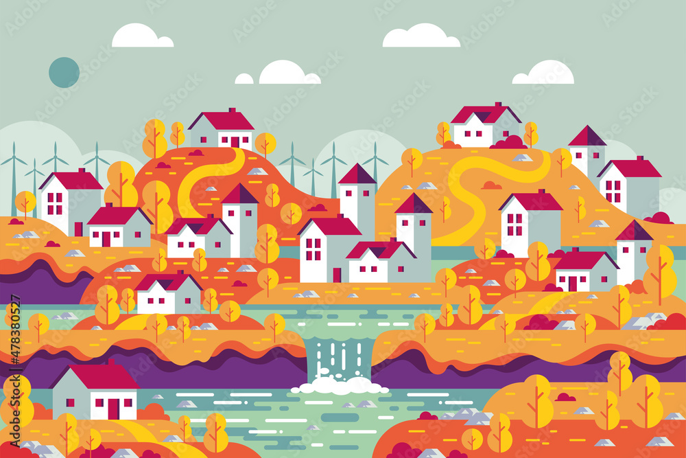 modern beautiful vector landscapes design with illustration home, tree ...