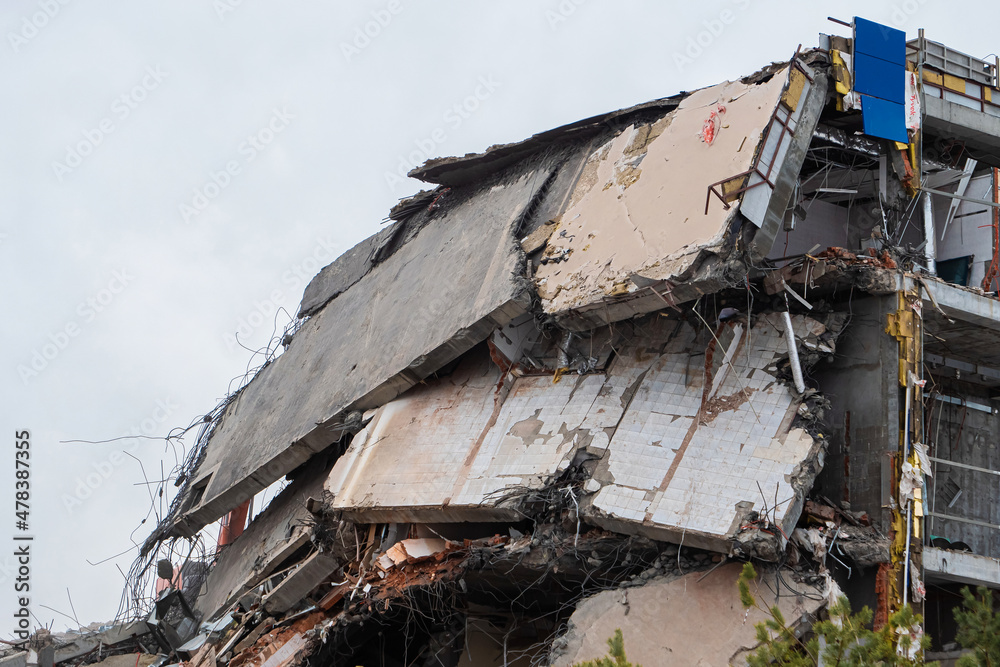 Demolition of the mall. Renovation in Russia. Destruction of building ...