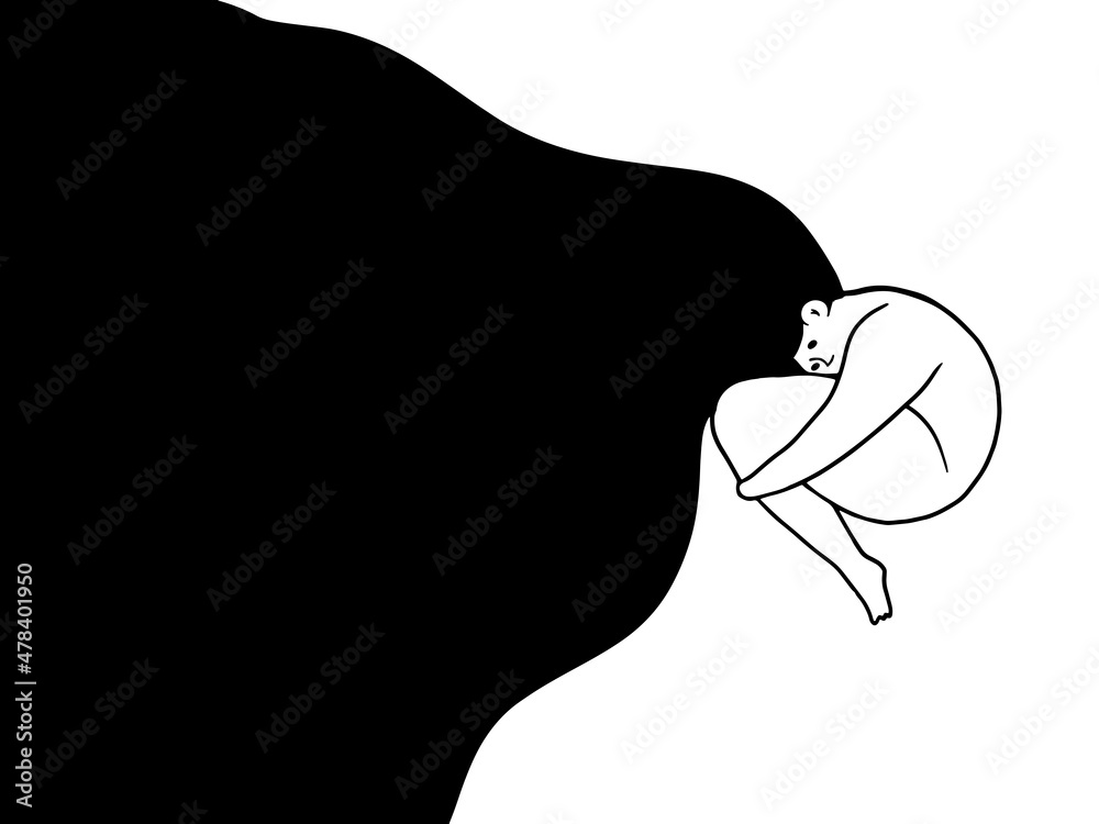 Depressed woman with flying hair is hugging her self. Young sad teenage ...