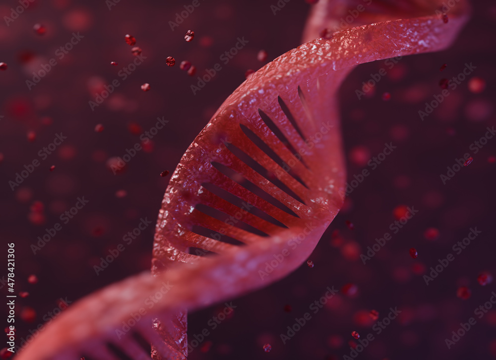 Red DNA gene helix spiral molecule structure background. 3D ...
