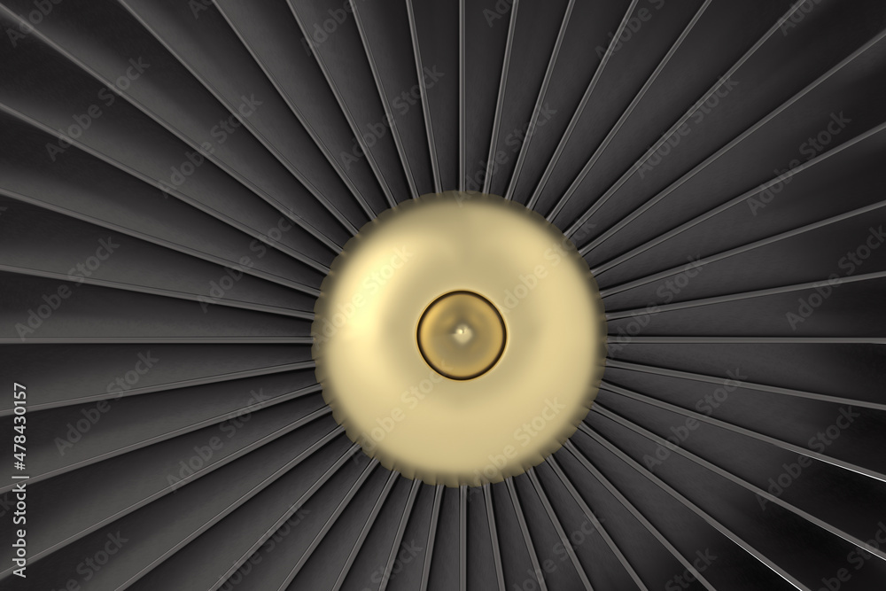 Golden Jet engine close-up view jet engine blades. Front view of a jet ...