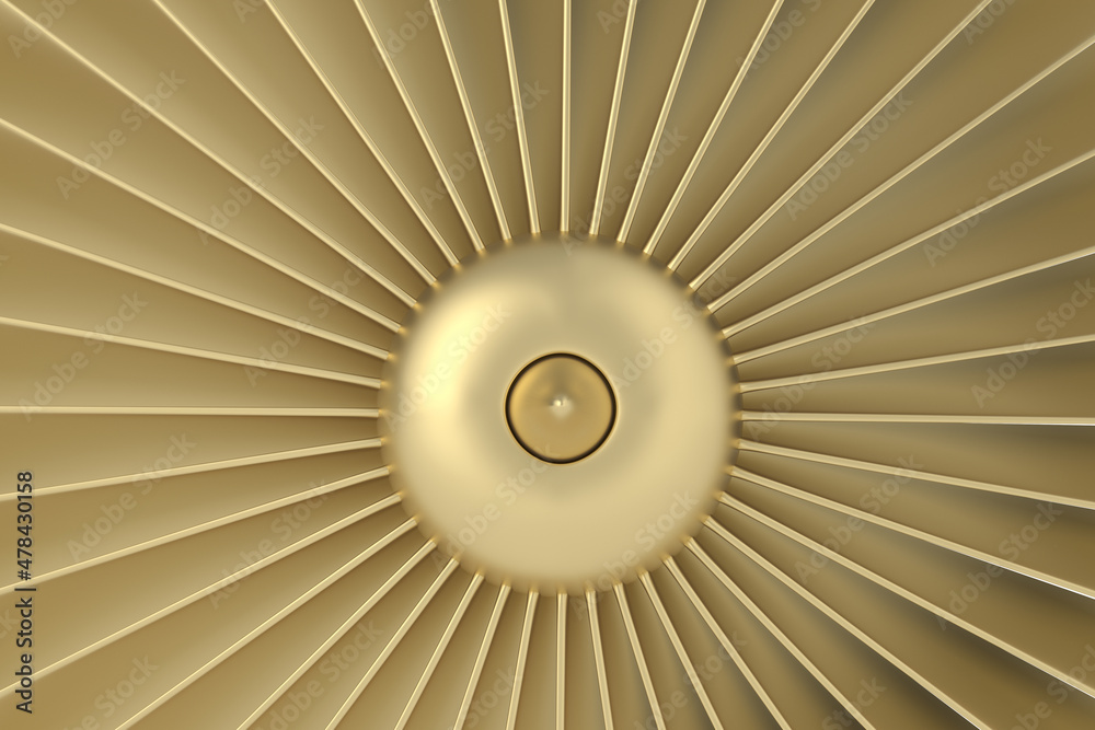 Golden Jet engine close-up view jet engine blades. Front view of a jet ...