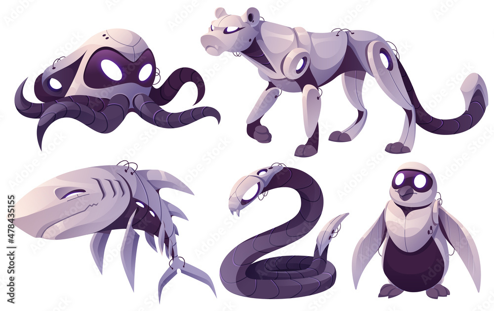 Robots animals octopus, shark, leopard, snake and penguin. Pets cyborgs ...