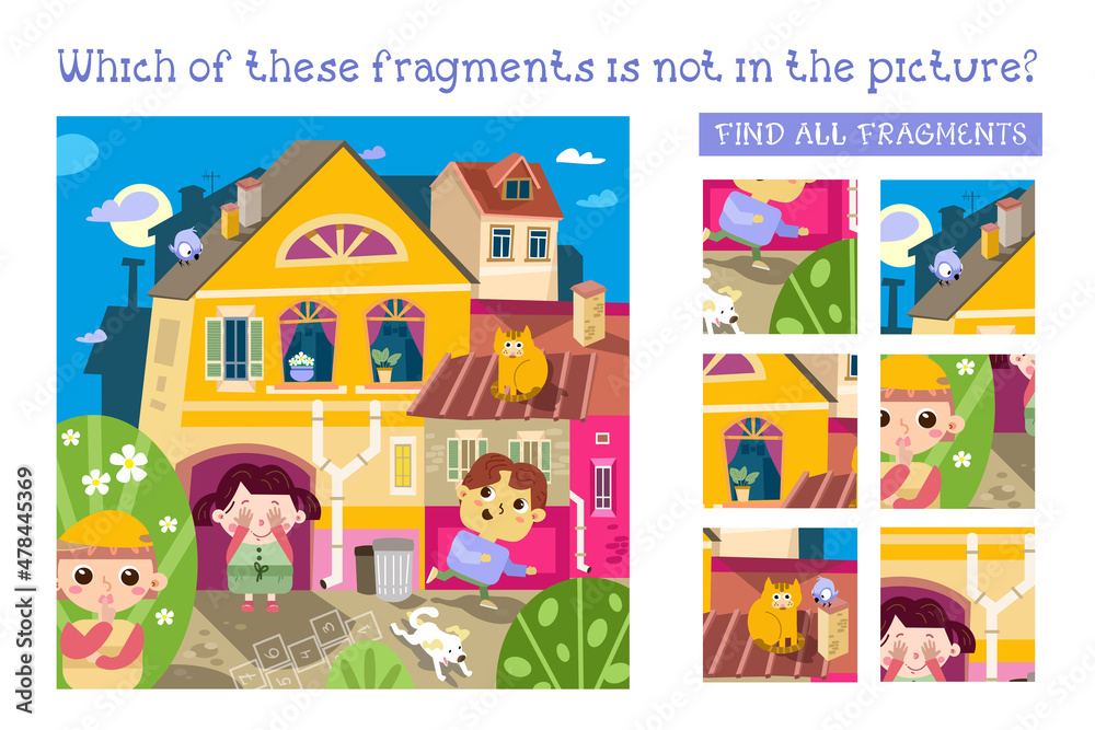 Cute kids play hide and seek. Find all fragments. Game for children ...