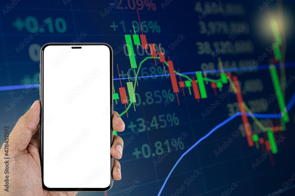 Man hand holding smartphone white blank screen on Stock market or forex ...